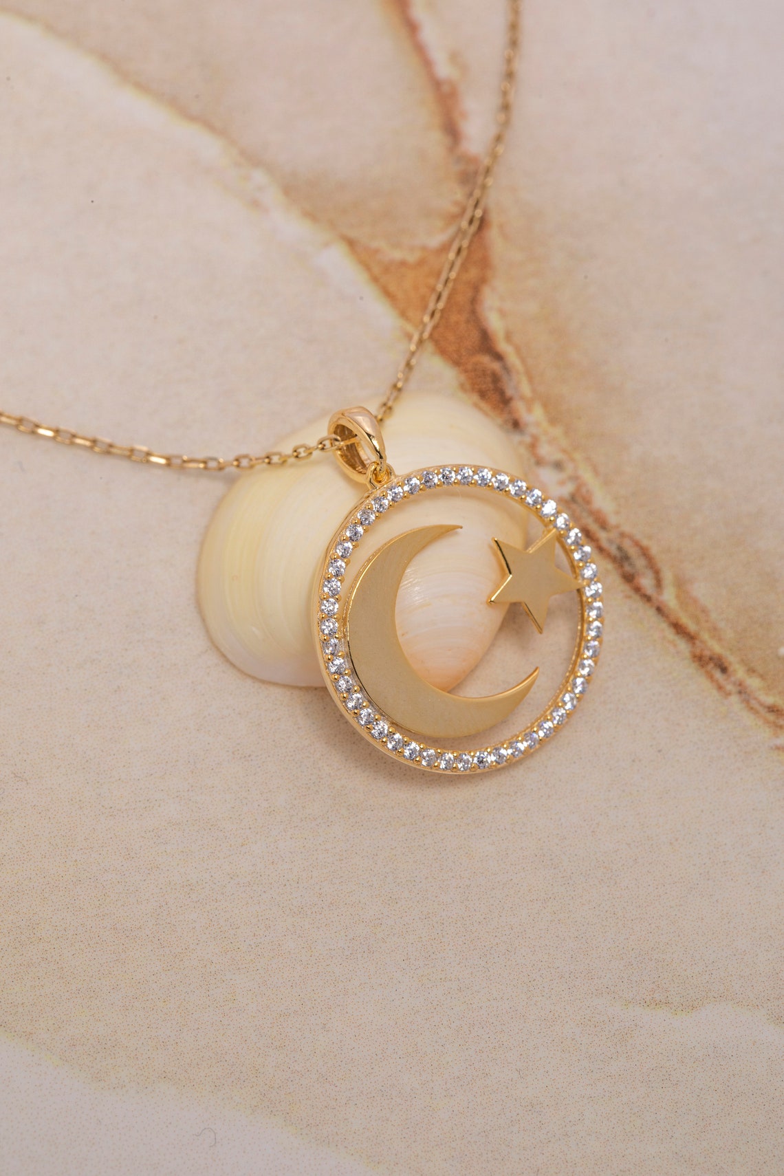 14K Solid Gold Moon Star Necklace Moon Star Necklace 925 | Etsy