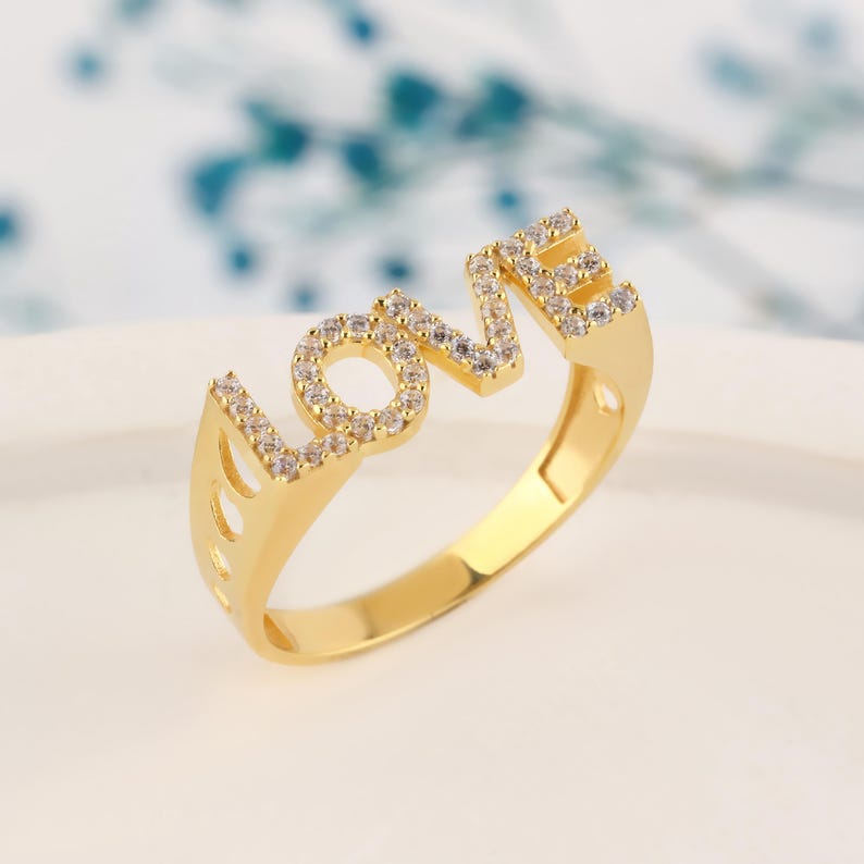 14K Solid Gold Love Ring, 925 Sterling Silver Love Ring, Script Love ...