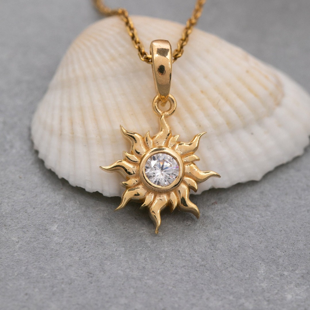 14K Solid Gold Sun Necklace, 925 Sterling Silver Sun Necklace ...
