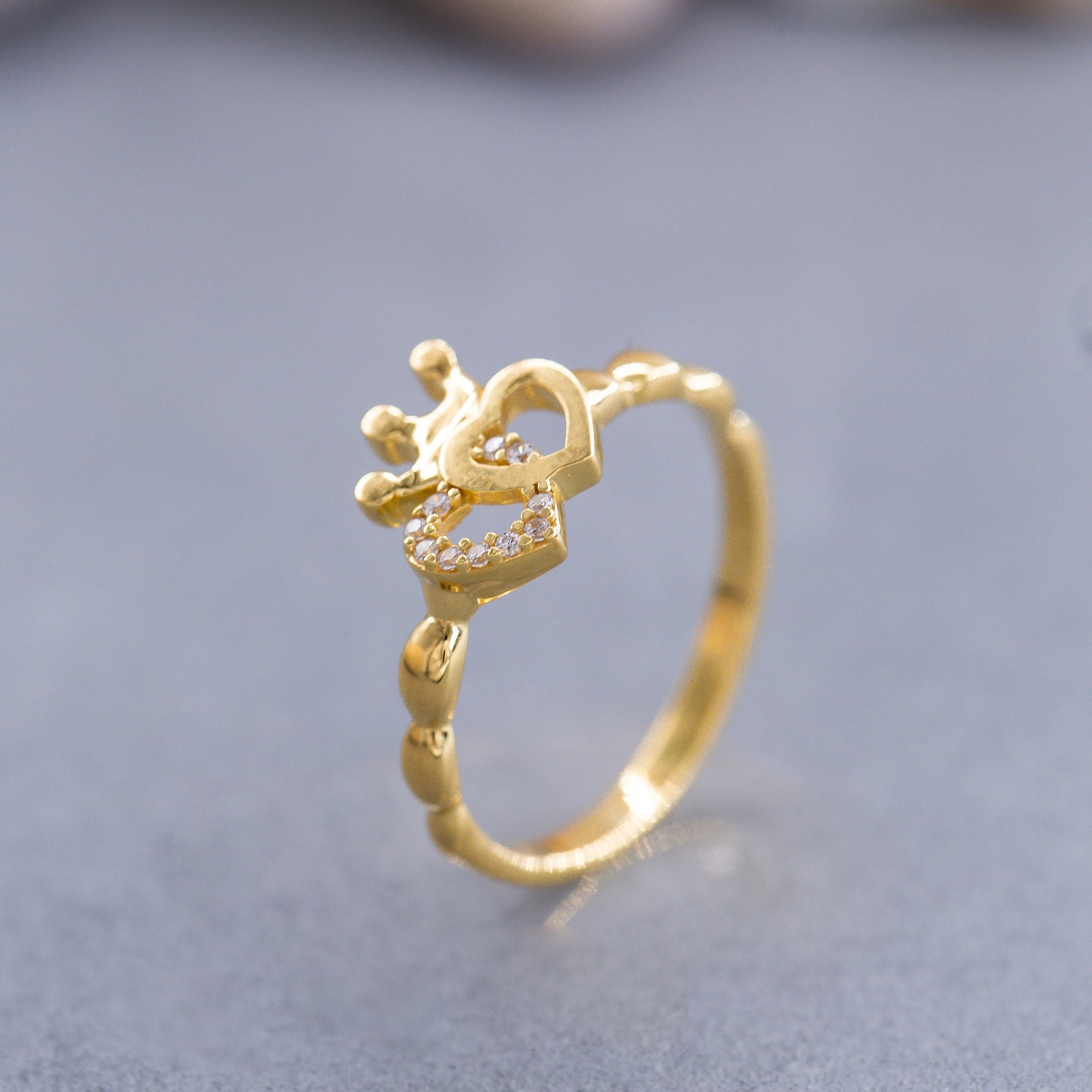 14K Solid Gold Heart Crown Ring 925 Sterling Silver Heart - Etsy