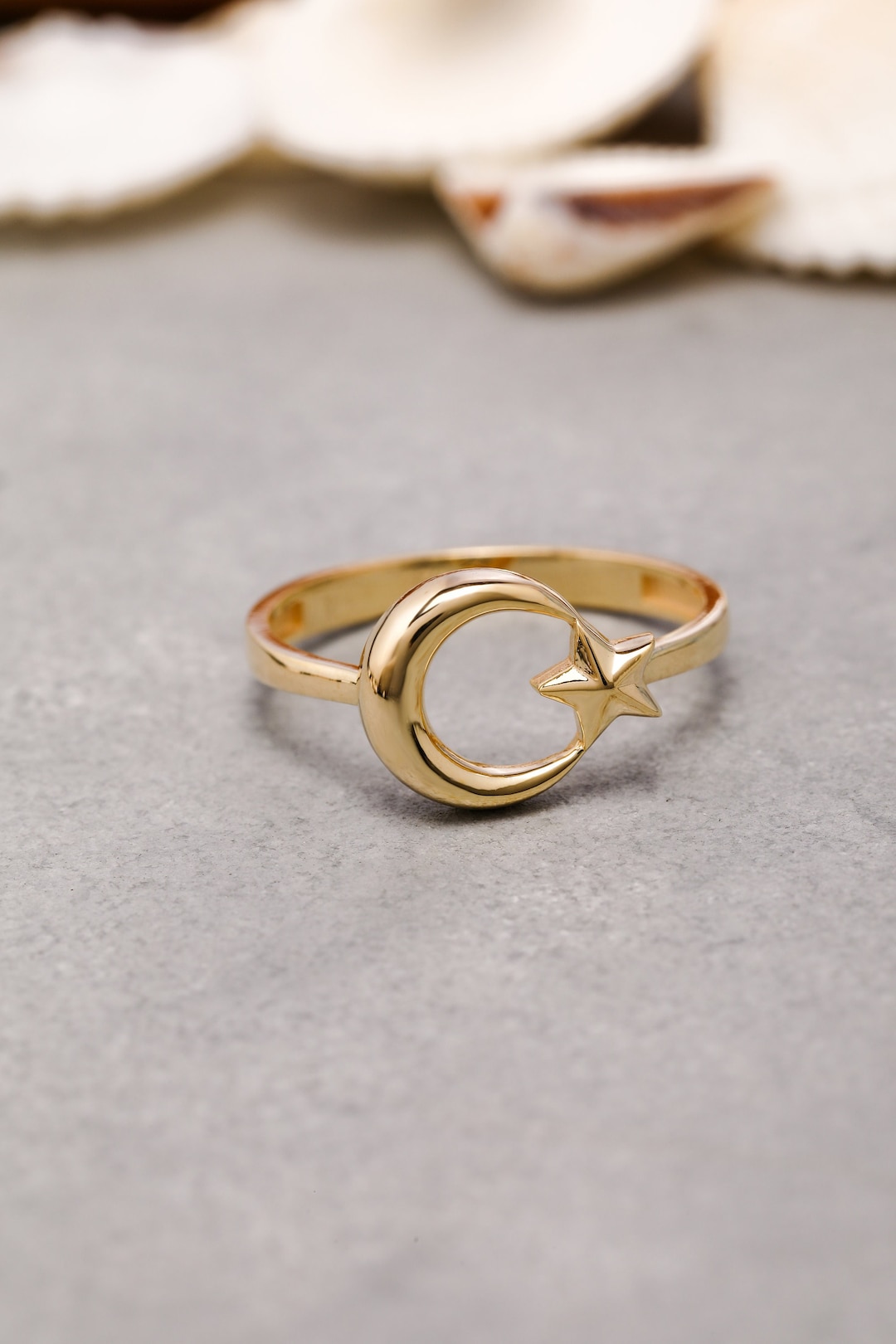 14K Solid Gold Moon and Star Ring, 925 Sterling Silver Moon and Star ...