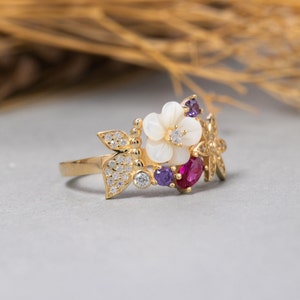 14K Solid Gold Magnolia Flower Ring, 925 Sterling Silver Magnolia ...