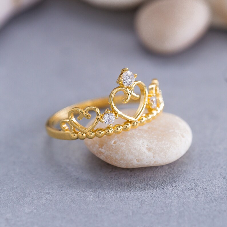 14K Solid Gold Heart Crown Ring 925 Sterling Silver Heart - Etsy