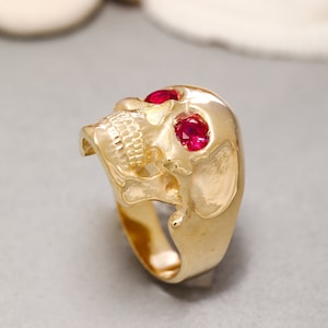 14K Solid Gold Skull Ring,sterling Silver Skull Ring, Cubic Zircon Ruby Stone Ring, Men's Skull ...