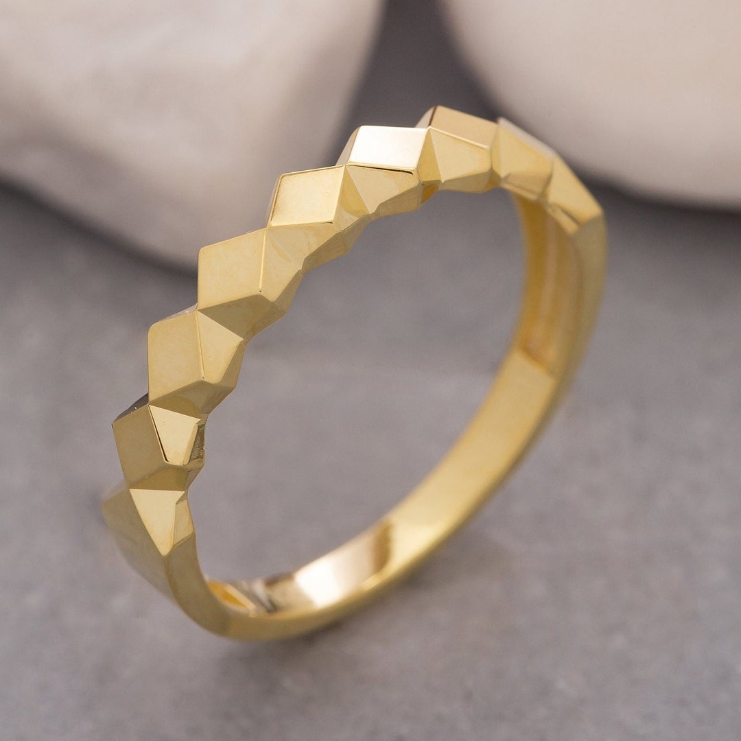 14K Solid Gold Geometric Faceted Ring, 925 Silver Geometric Faceted ...