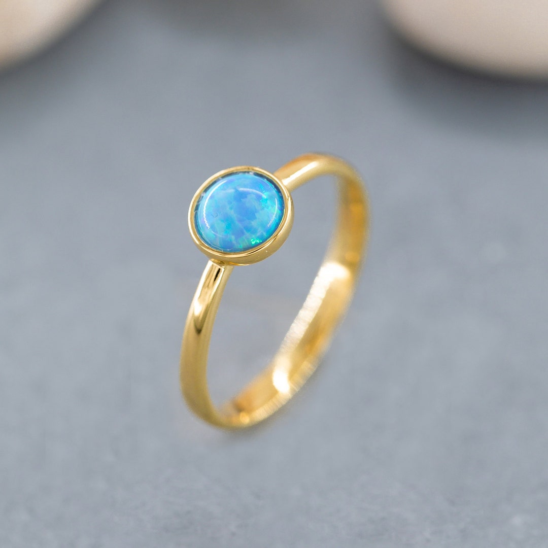 14K Solid Gold Blue Opal Ring, 925 Sterling Silver Blue Opal Ring ...