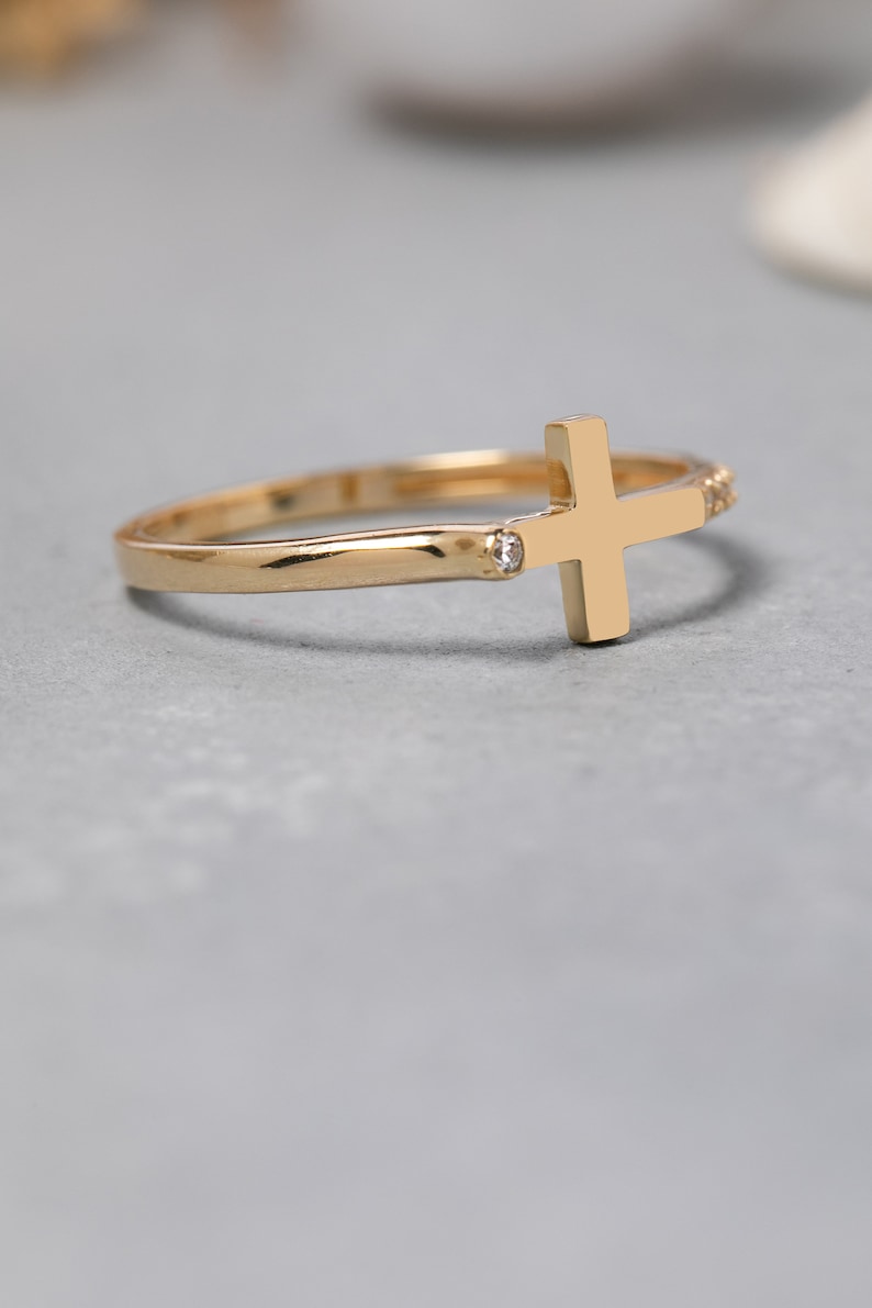 Dainty Cross Ring, 14K Solid Gold Cross Ring, 925 Sterling Silver Cross ...