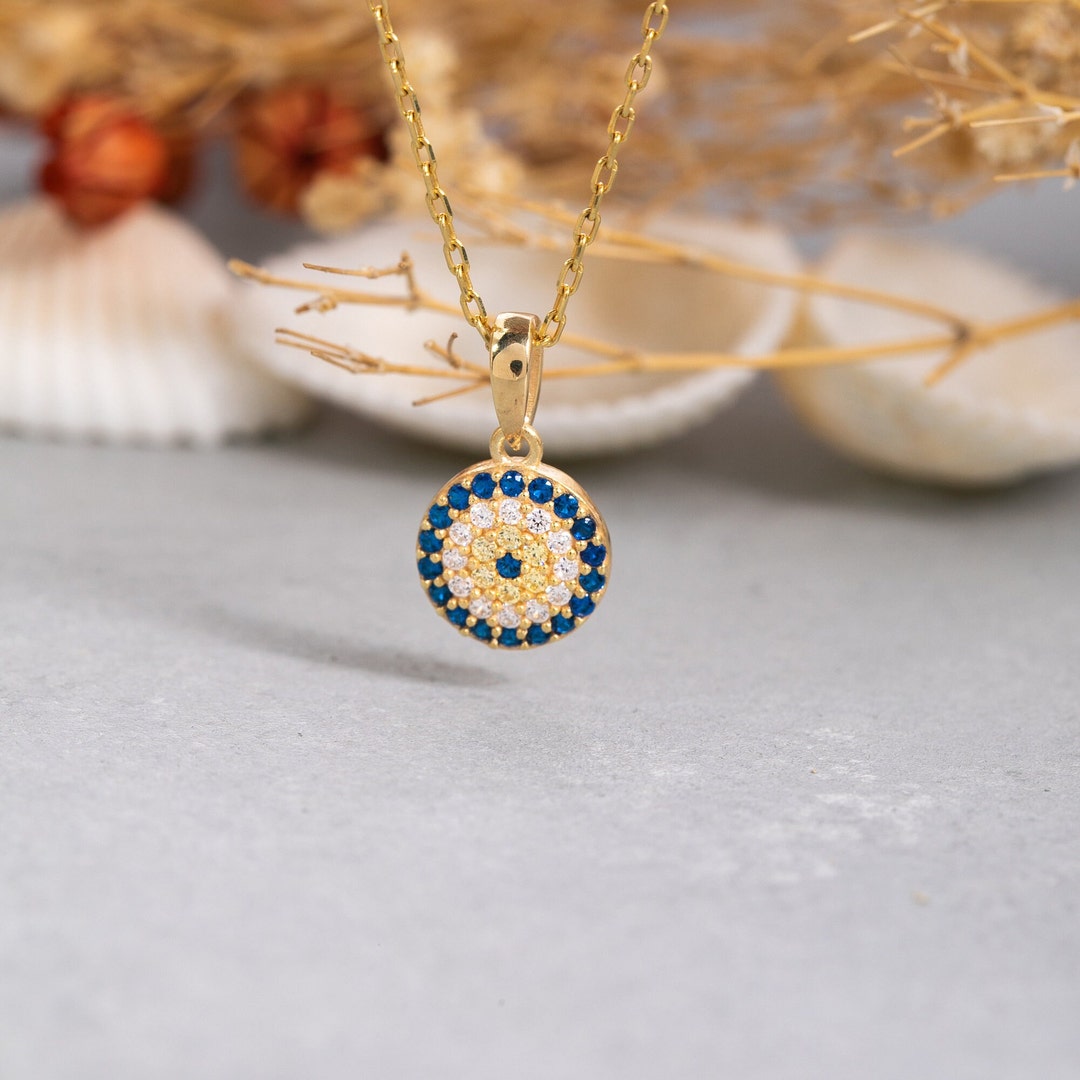 14K Solid Gold Evil Eye Necklace, Sterling Silver Evil Eye Necklace ...