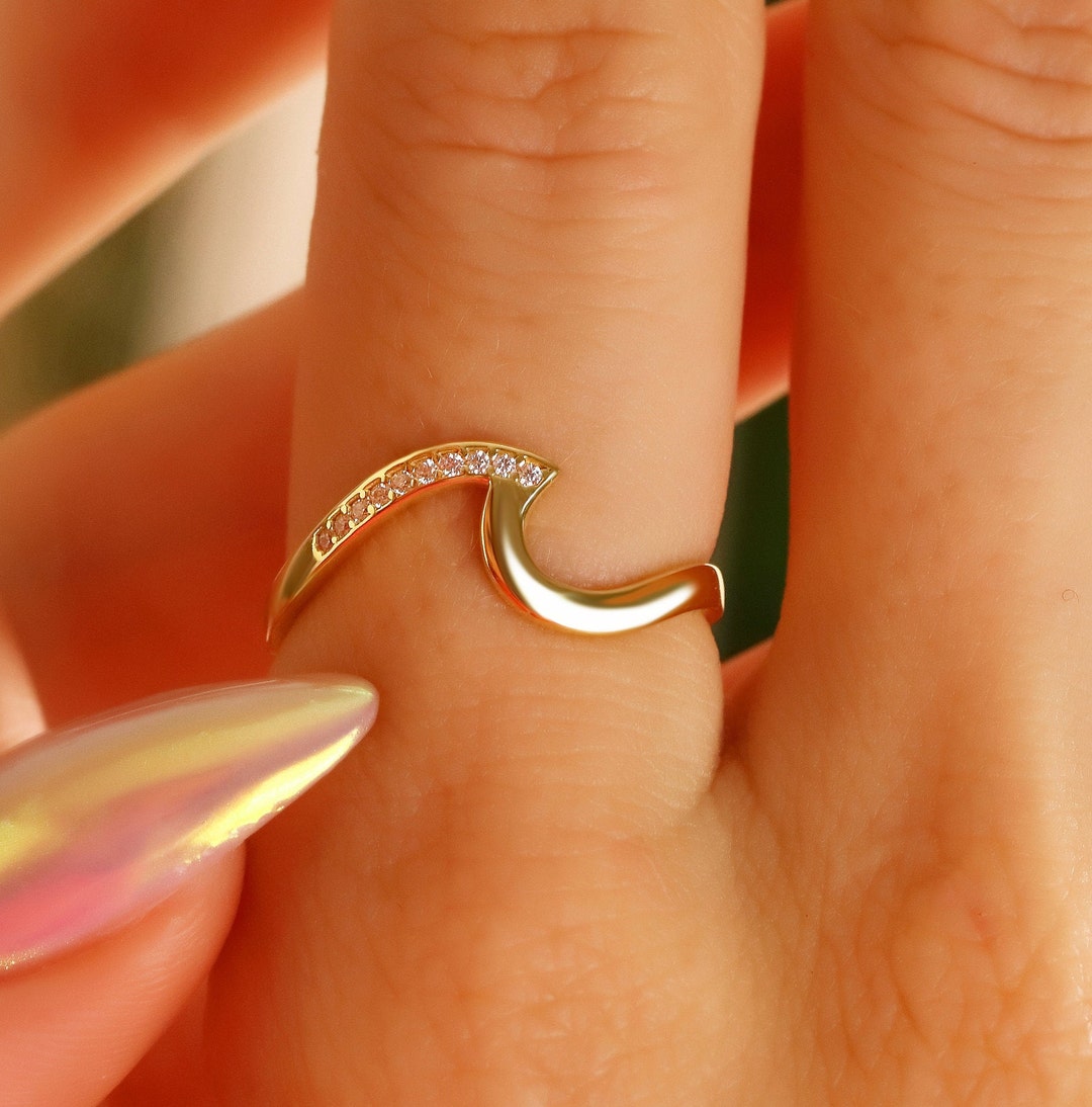 14K Solid Gold Wave Ring, 925 Sterling Silver Wave Ring, Dainty Wave ...