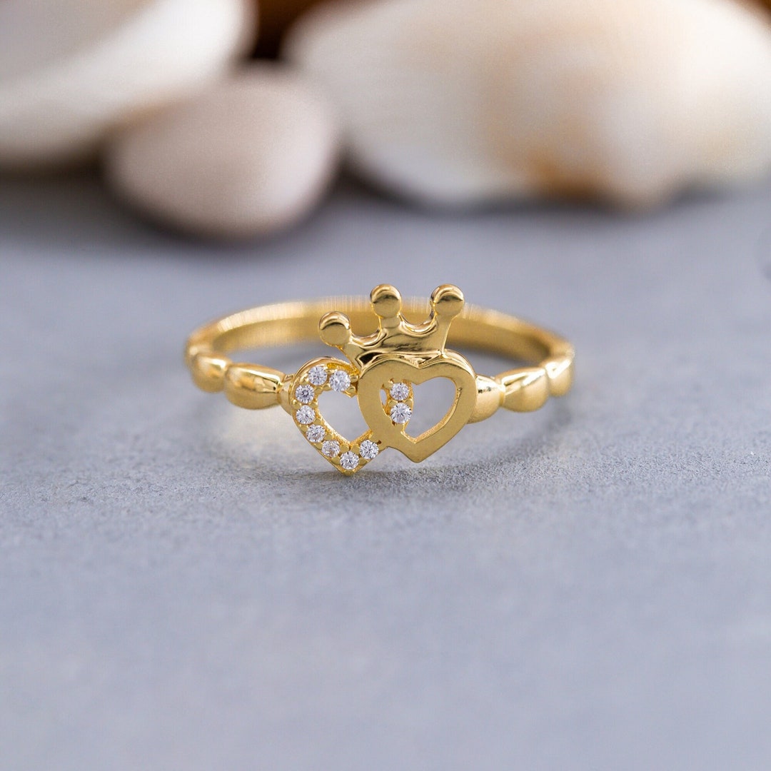 14K Solid Gold Heart Crown Ring, 925 Sterling Silver Heart Crown Ring ...