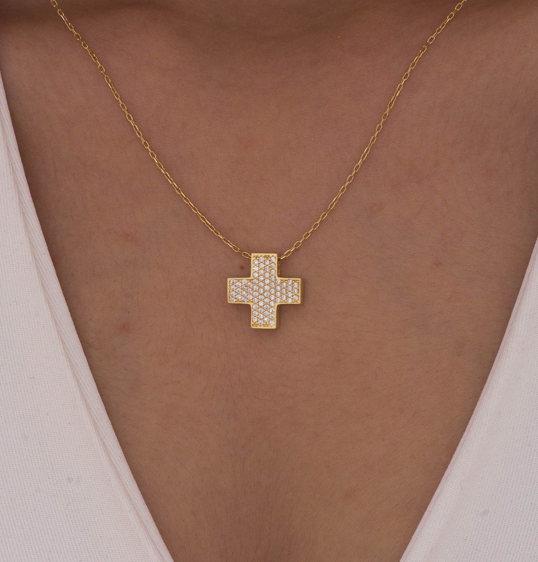 Pave Cross Necklace, 14K Solid Gold Cross Necklace, 925 Sterling Silver ...