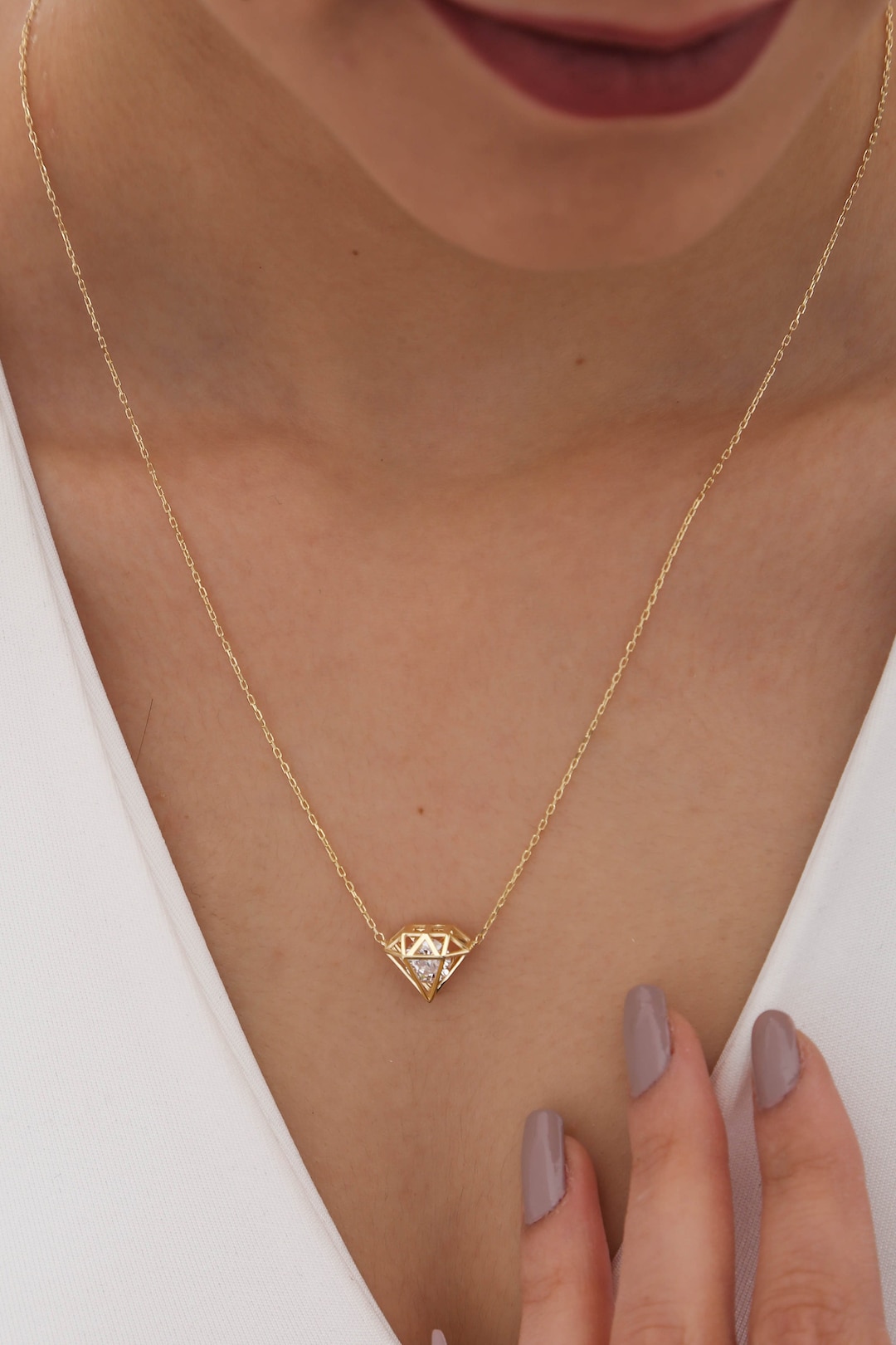 Cage Diamond Necklace, CZ 14K Solid Gold Necklace, Sterling Silver Cage ...