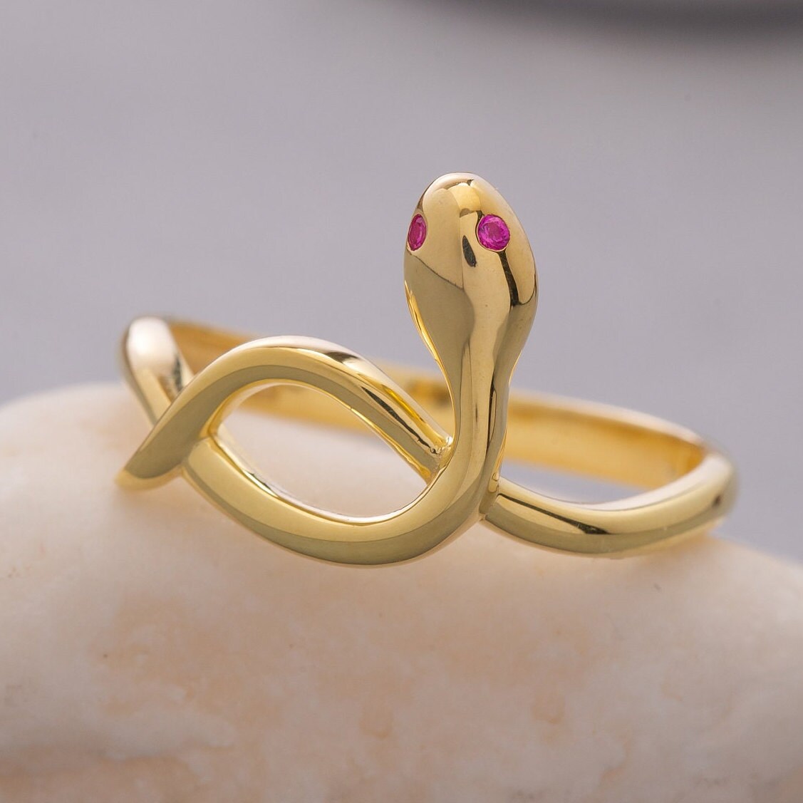 14K Solid Gold Snake Ring, 925 Sterling Silver Snake Ring, Ruby Stone ...