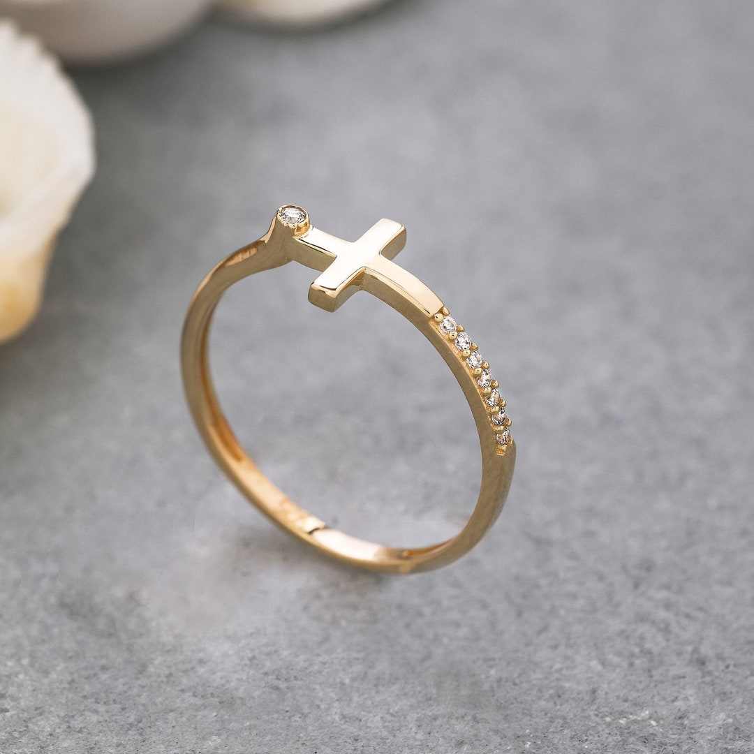 Dainty Cross Ring, 14K Solid Gold Cross Ring, 925 Sterling Silver Cross ...
