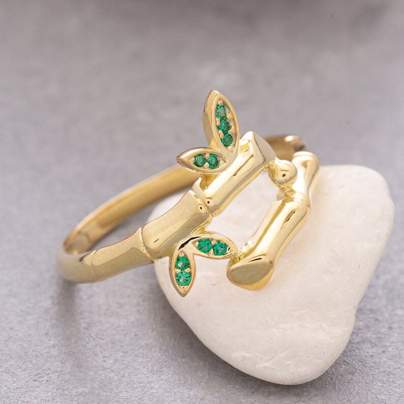 Bamboo Leaf Ring, 14K Solid Gold Bamboo Ring, 925 Sterling Silver ...