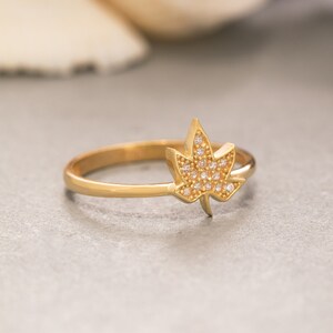 14K Solid Gold Maple Leaf Ring, 925 Sterling Silver Maple Leaf Ring, CZ ...