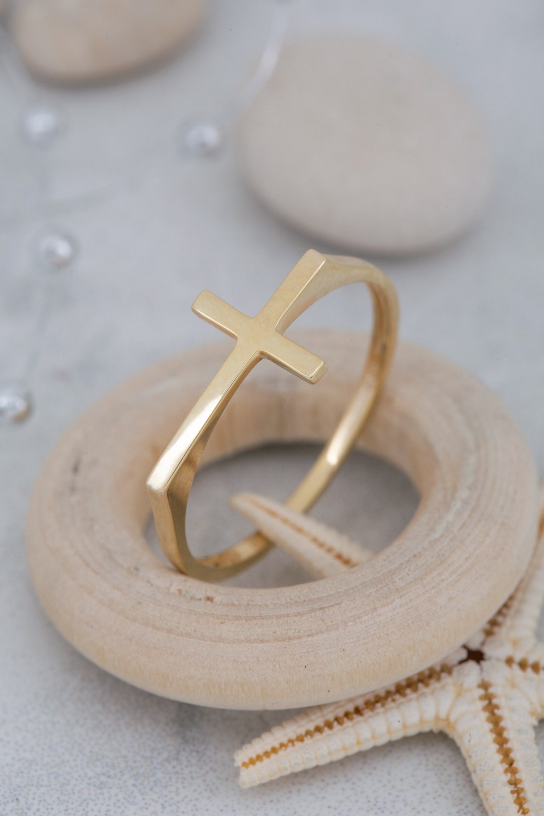 14K Solid Gold Plain Cross Ring, 925 Sterling Silver Plain Cross Ring ...