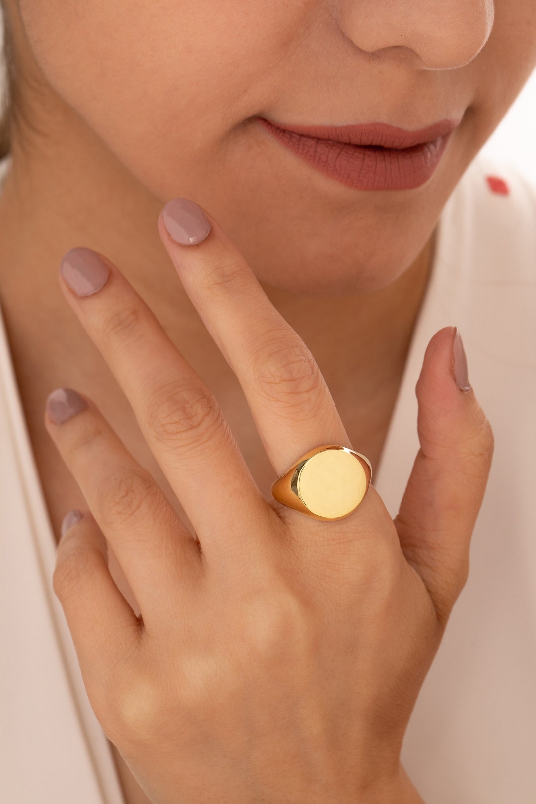 14K Solid Gold Round Signet Ring, 925 Sterling Silver Round Signet Ring ...