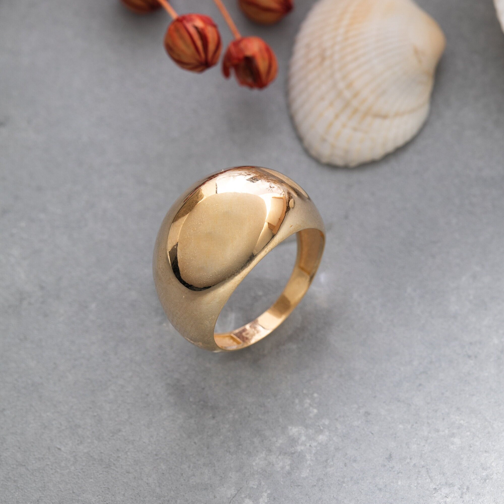 14K Solid Gold Big Dome Ring, 925 Sterling Silver Big Dome Ring, Thick ...