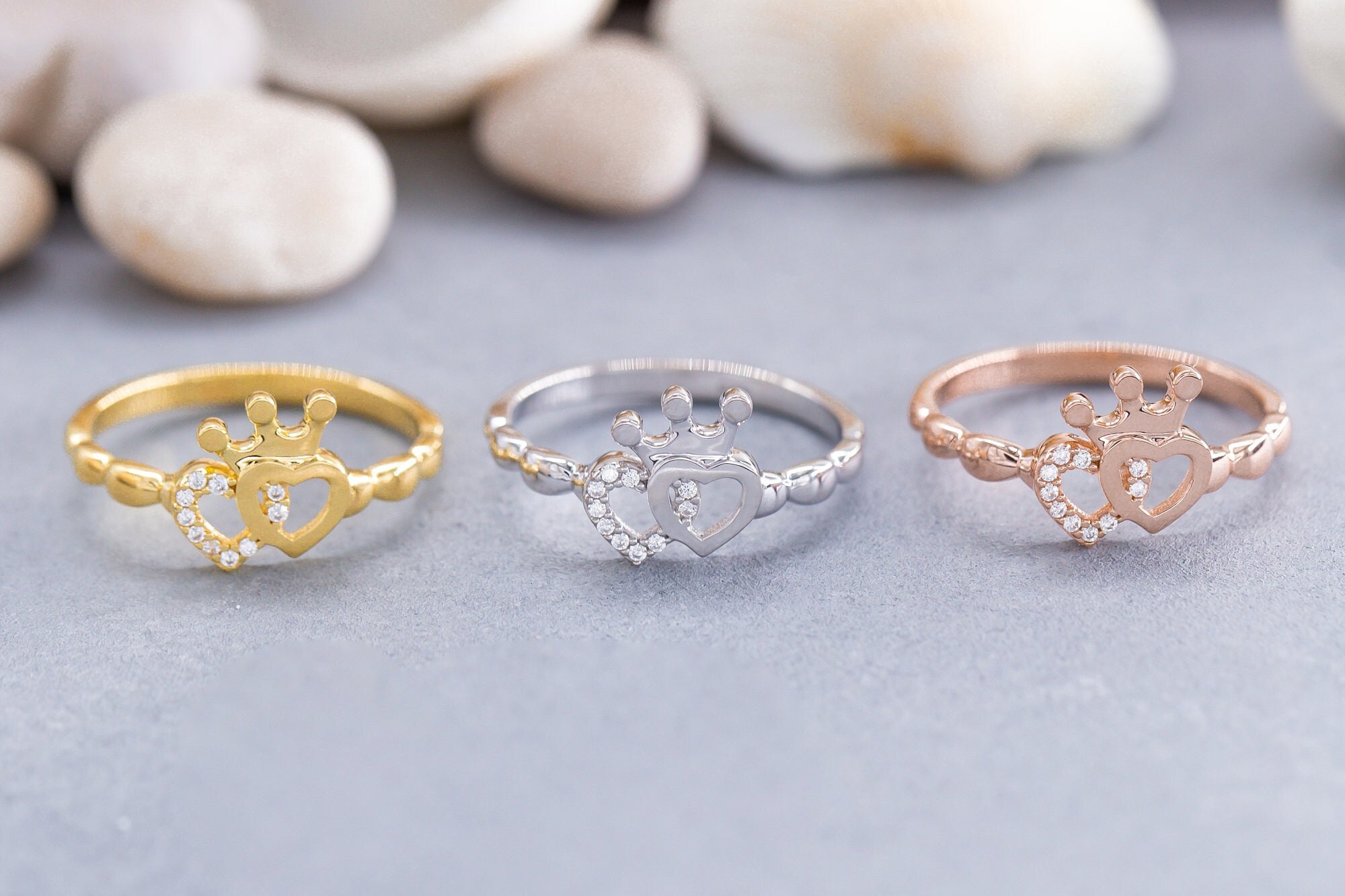 14K Solid Gold Heart Crown Ring 925 Sterling Silver Heart - Etsy