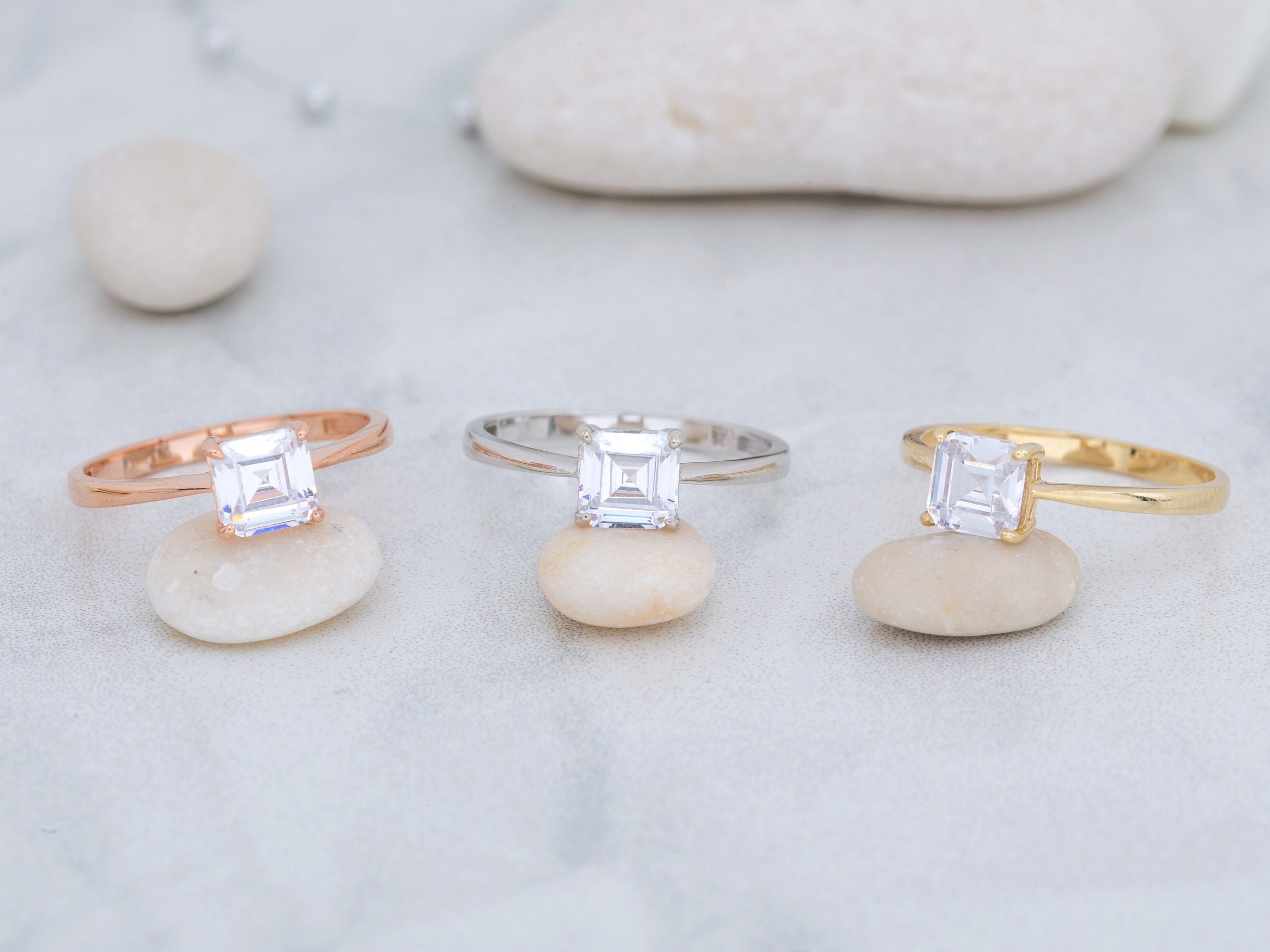 14K Solid Gold Square Stone Solitaire Ring 925 Sterling - Etsy