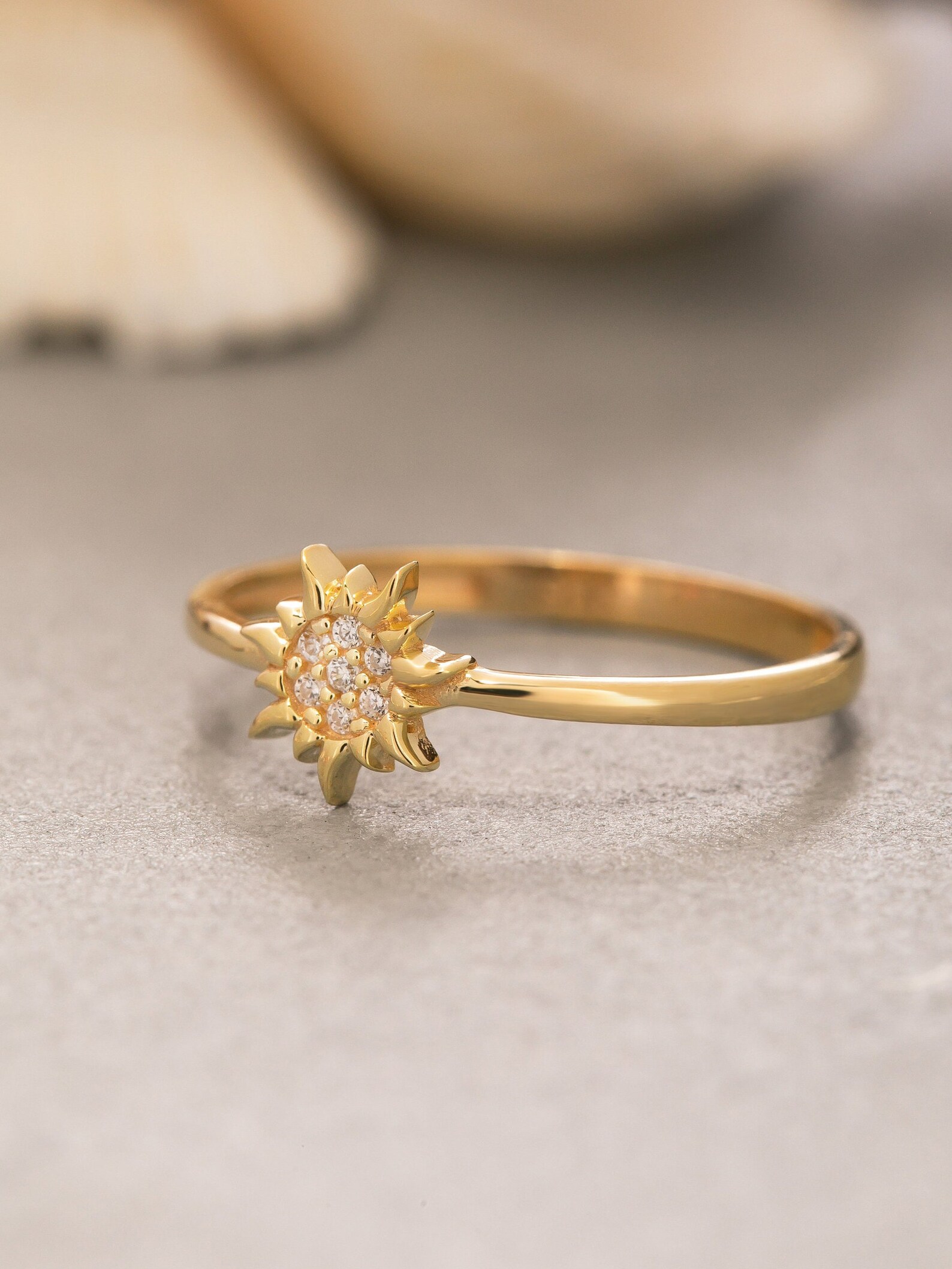 14K Solid Gold Sun Ring, 925 Sterling Silver Sun Ring, CZ Stone Ring ...