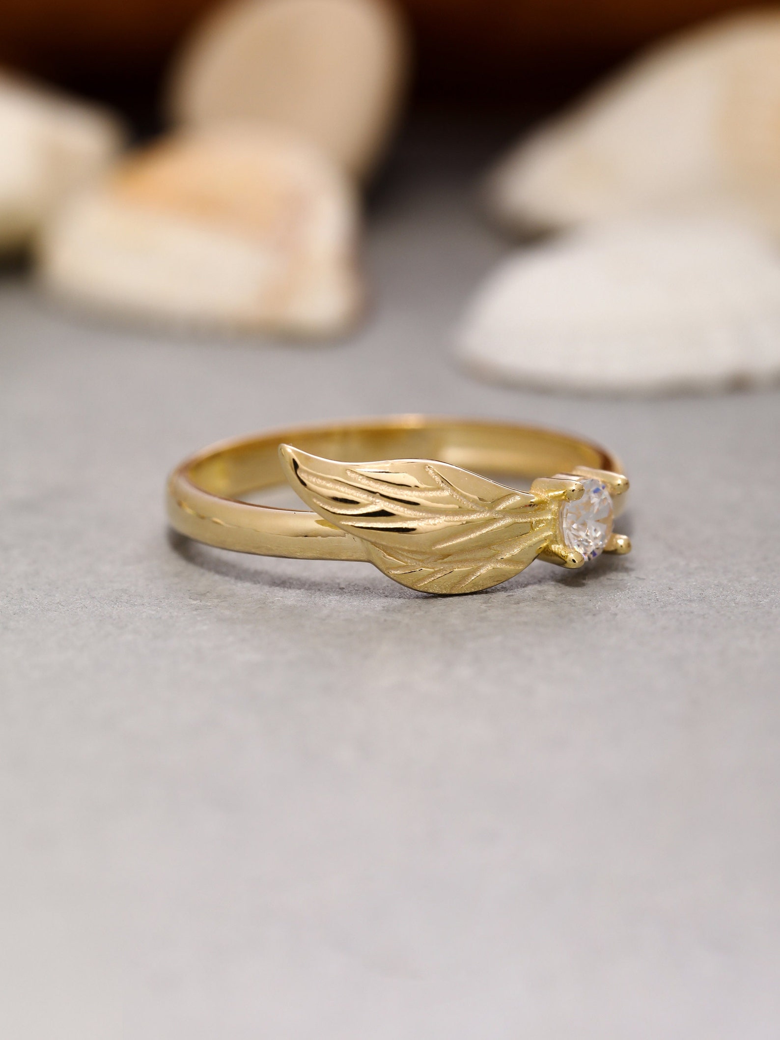 14K Solid Gold Angel Wing Ring, Sterling Silver Angel Wing Ring, Cubic ...