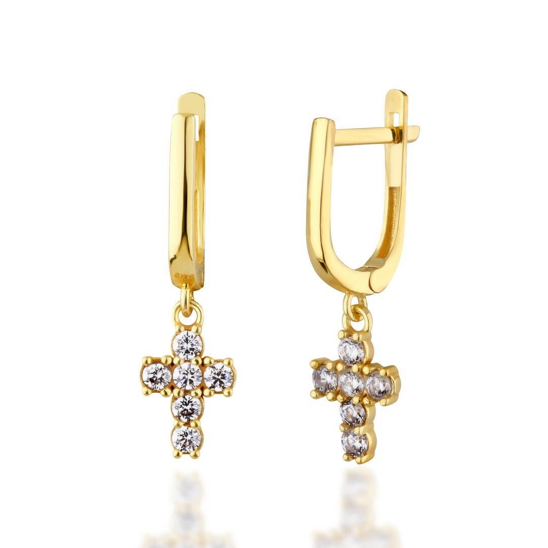 14K Solid Gold Cross Earrings, 925 Sterling Silver Cross Earrings ...