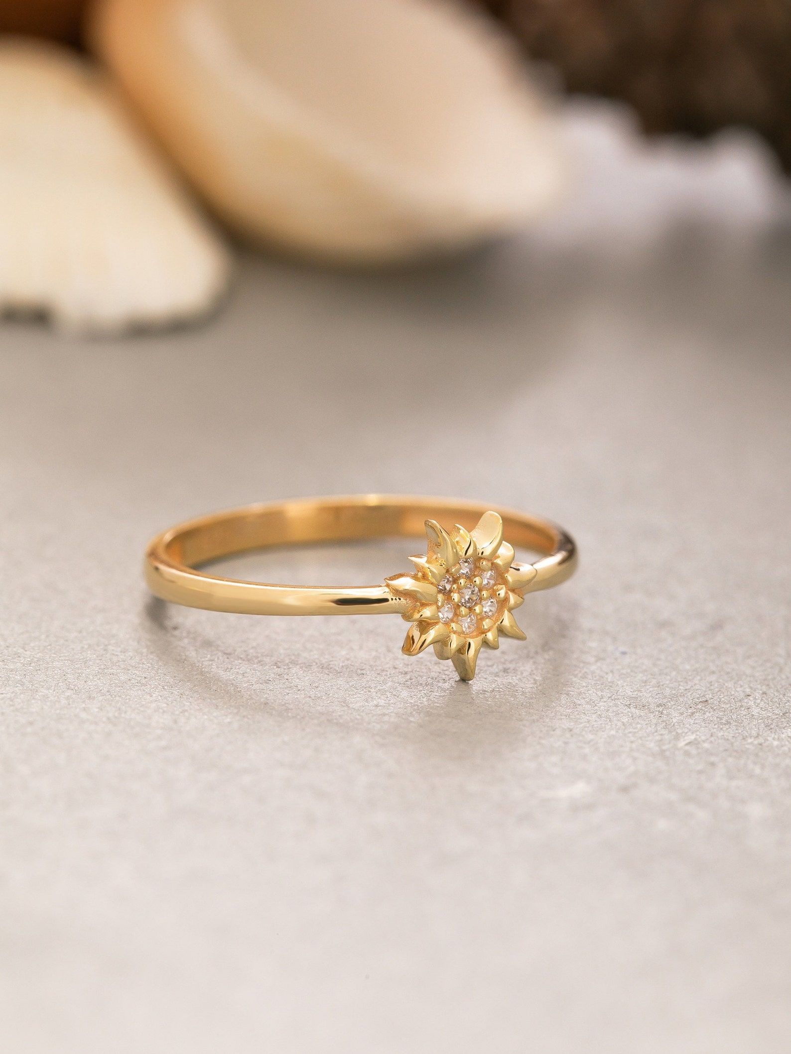 14K Solid Gold Sun Ring, 925 Sterling Silver Sun Ring, CZ Stone Ring ...