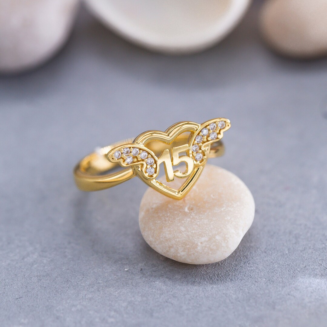 Quinceanera Angel Wing, 14K Solid Gold 15 Anos Heart Ring, 925 Sterling ...
