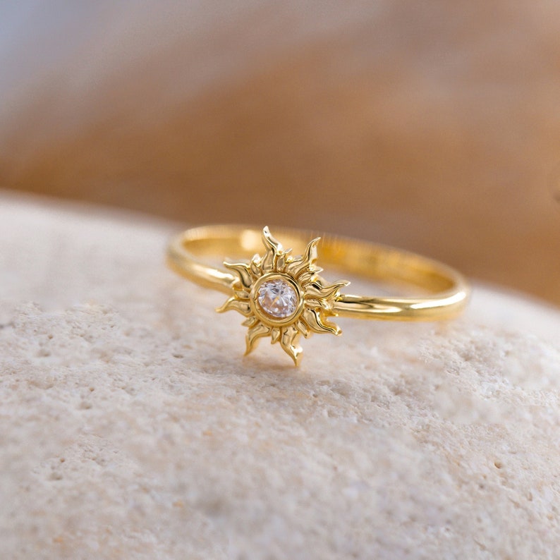 14K Solid Gold Sun Ring Sterling Silver Sun Ring Stackable - Etsy