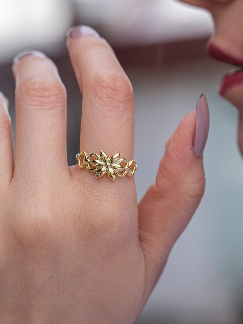 14K Solid Gold Flower Ring Sterling Silver Flower Ring Daisy - Etsy