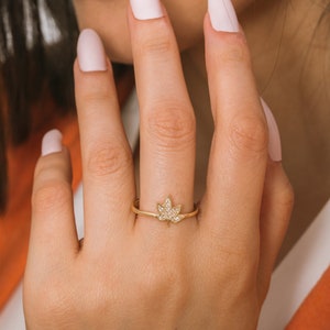 14K Solid Gold Maple Leaf Ring, 925 Sterling Silver Maple Leaf Ring, CZ ...