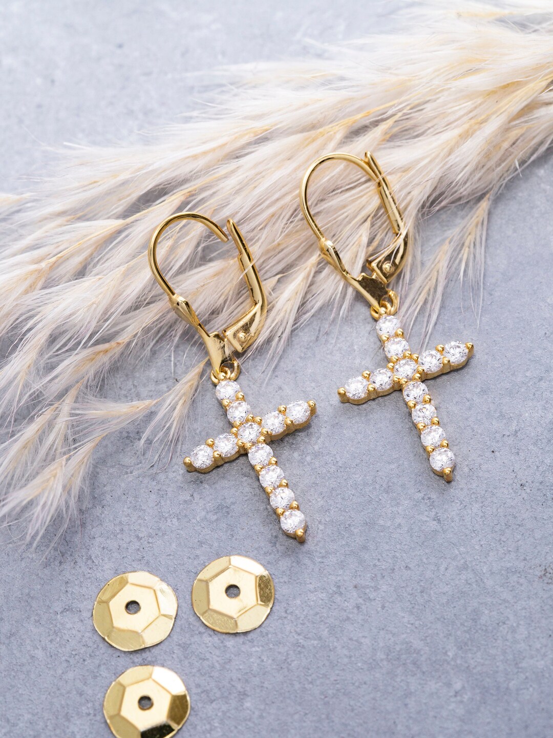 14K Solid Gold Cross Earrings, 925 Sterling Silver Cross Earrings ...