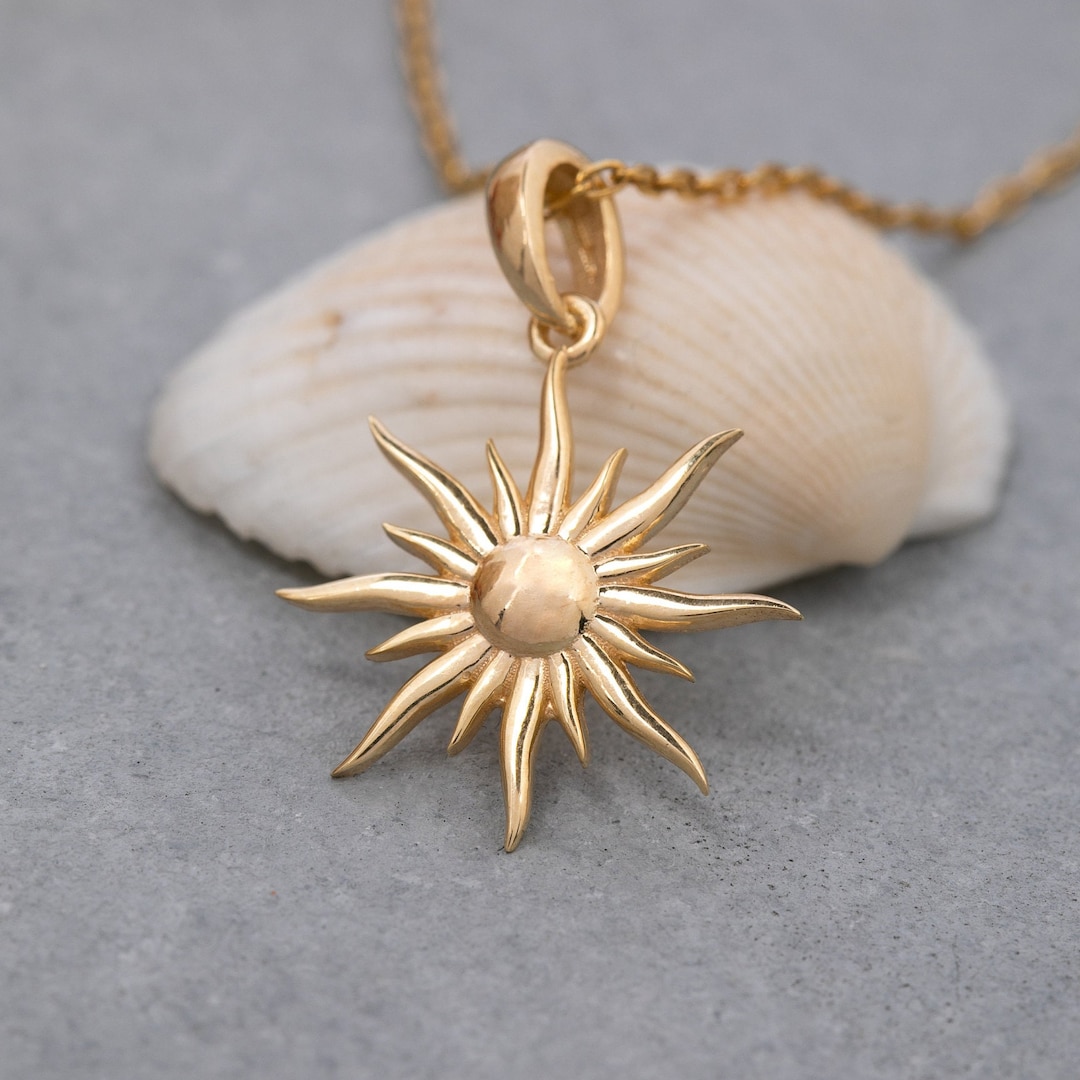 14K Solid Gold Sun Necklace, 925 Sterling Silver Sun Necklace ...