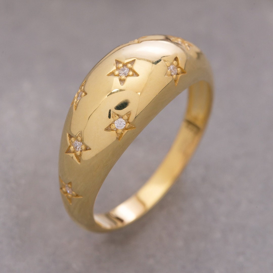 14K Solid Gold Star Dome Ring, 925 Sterling Silver Star Dome Ring, Starburst Ring, Star Signet ...