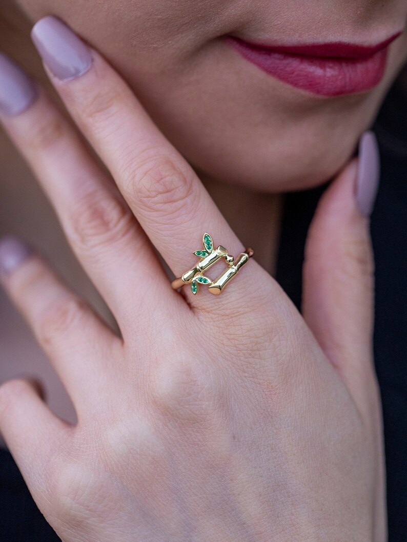 Bamboo Leaf Ring, 14K Solid Gold Bamboo Ring, 925 Sterling Silver ...