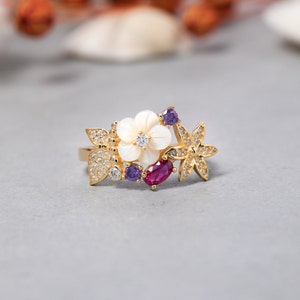 14K Solid Gold Magnolia Flower Ring, 925 Sterling Silver Magnolia ...