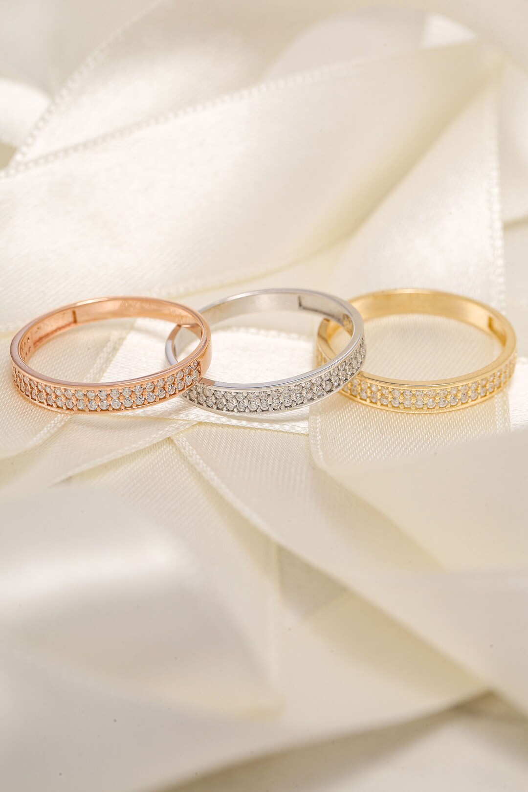 14K Solid Gold 2 Row Stone Ring, 925 Sterling Silver 2 Row Stone Ring ...