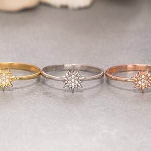 14K Solid Gold Sun Ring, 925 Sterling Silver Sun Ring, CZ Stone Ring ...