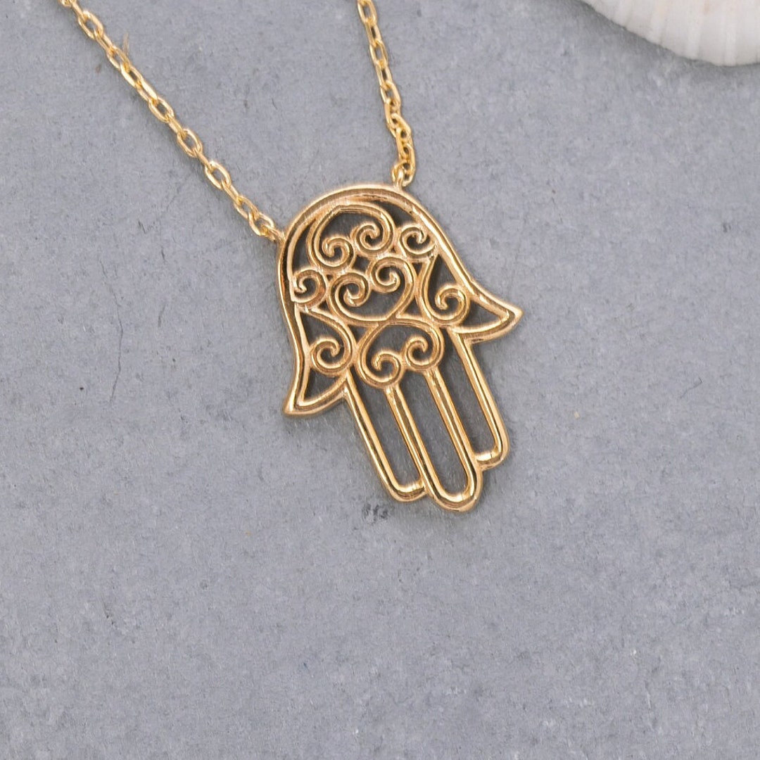 14K Solid Gold Hamsa Necklace, 925 Sterling Silver Hamsa Necklace, Hand ...