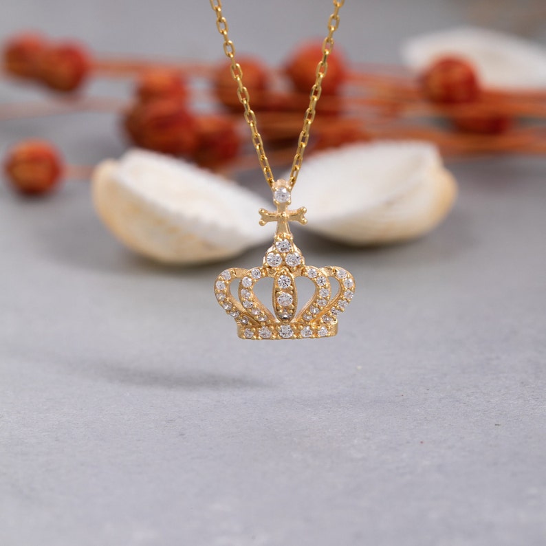 14K Solid Gold Cross Crown Necklace, 925 Silver Cross Crown Necklace ...