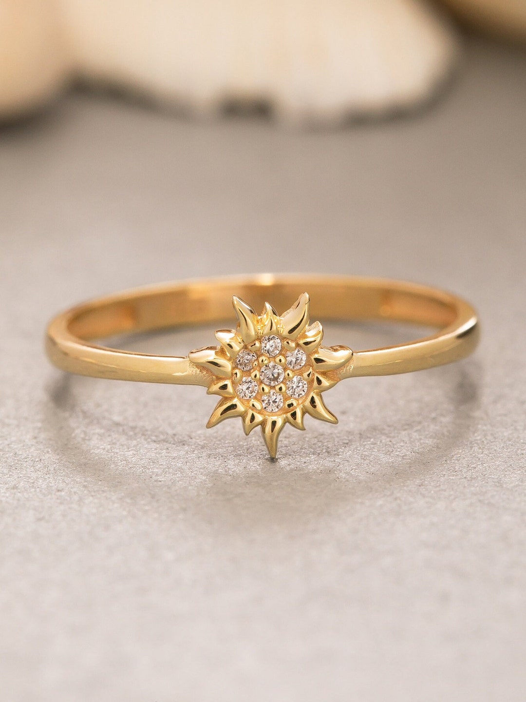 14K Solid Gold Sun Ring, 925 Sterling Silver Sun Ring, CZ Stone Ring ...