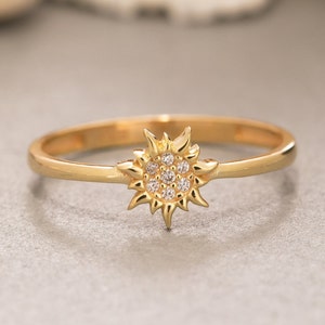 14K Solid Gold Sun Ring, 925 Sterling Silver Sun Ring, CZ Stone Ring ...