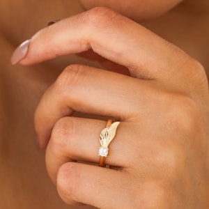 14K Solid Gold Angel Wing Ring, Sterling Silver Angel Wing Ring, Cubic ...