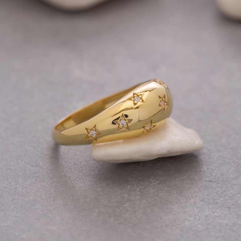 14K Solid Gold Star Dome Ring 925 Sterling Silver Star Dome - Etsy