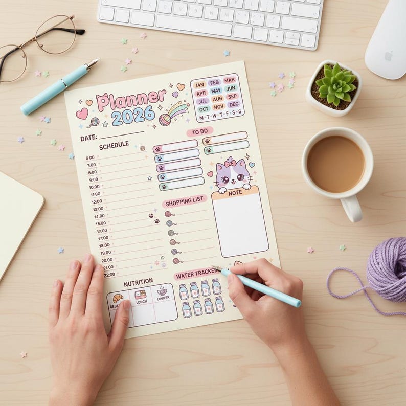 Kawaii Cat Planner 2026 | Cute Daily Planner Printable | Letter Size ...