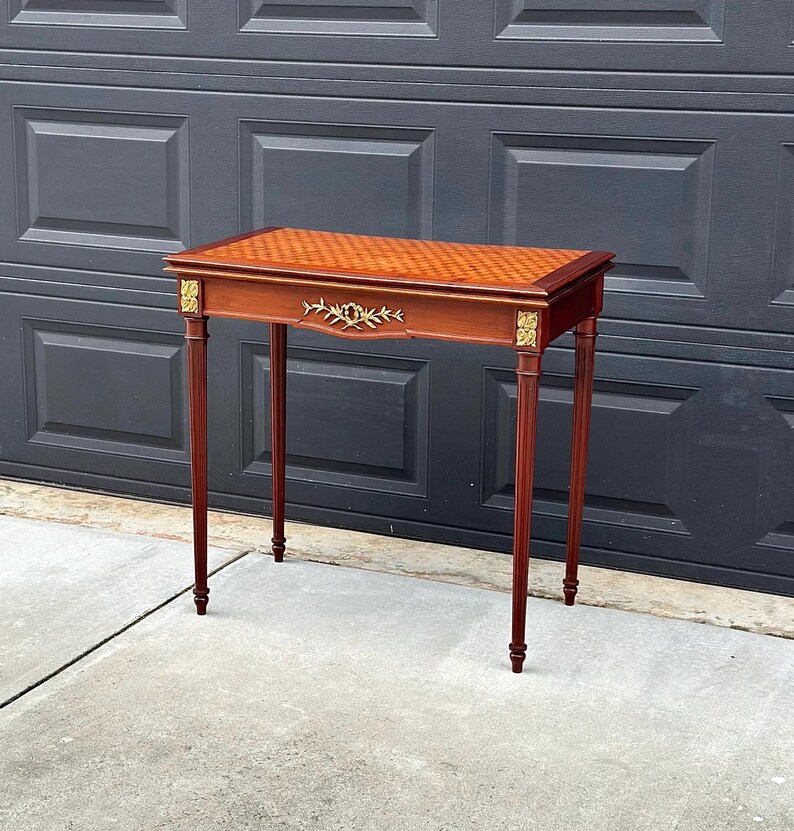 Antique 1920's Parquetry Mahogany Wood Ormolu Console & Flip Top Card ...