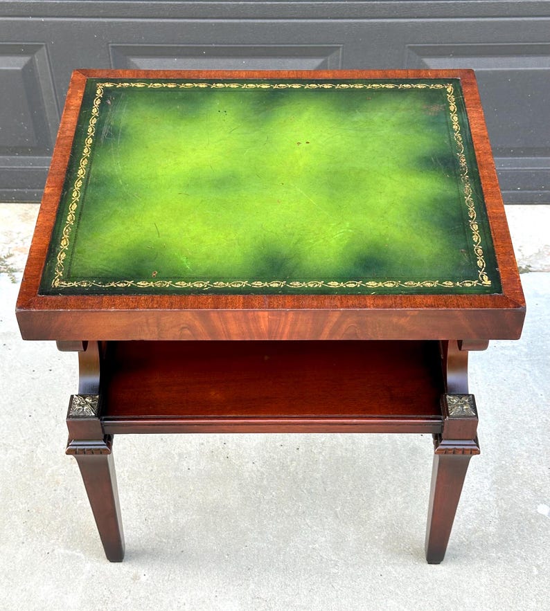 Antique Green Leather & Flame Mahogany Side Table - Etsy