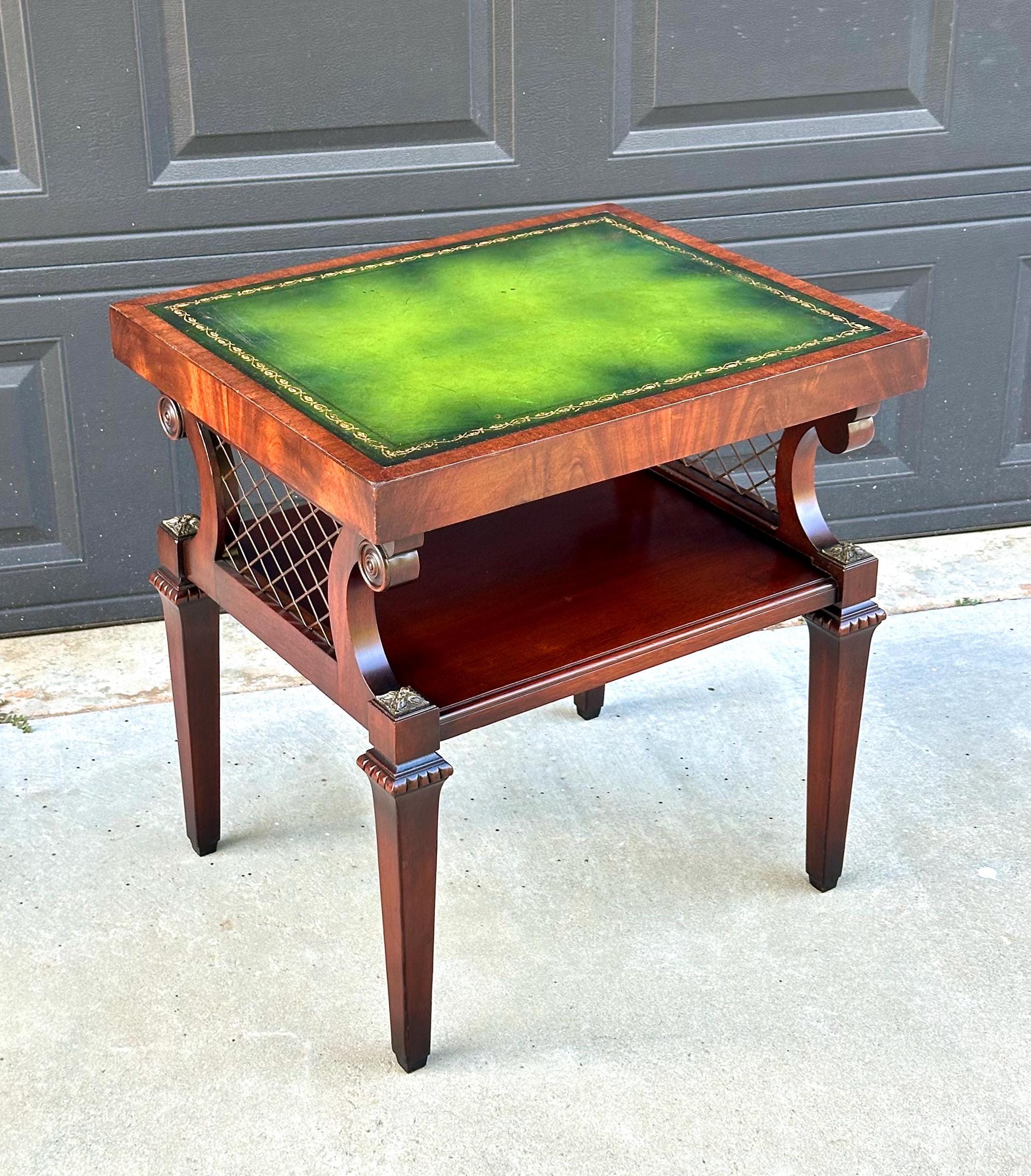Antique Green Leather & Flame Mahogany Side Table - Etsy
